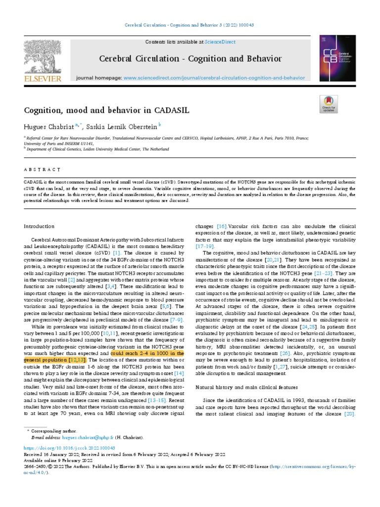 Cognition, Mood and Behavior in CADASIL | PDF | Major Depressive ...
