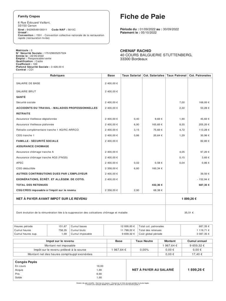 Fiche de Paie RACHID CHENAF | PDF | Bulletin de salaire (droit français ...