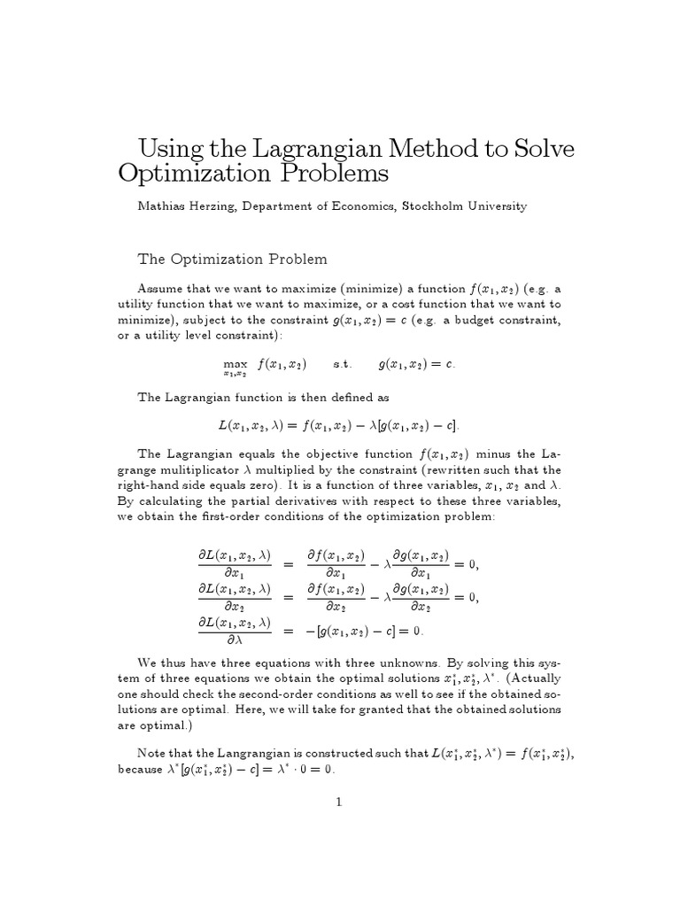 Using the Lagrangian Method to Solve Optimization Problems: An Introduction to the Method and ...