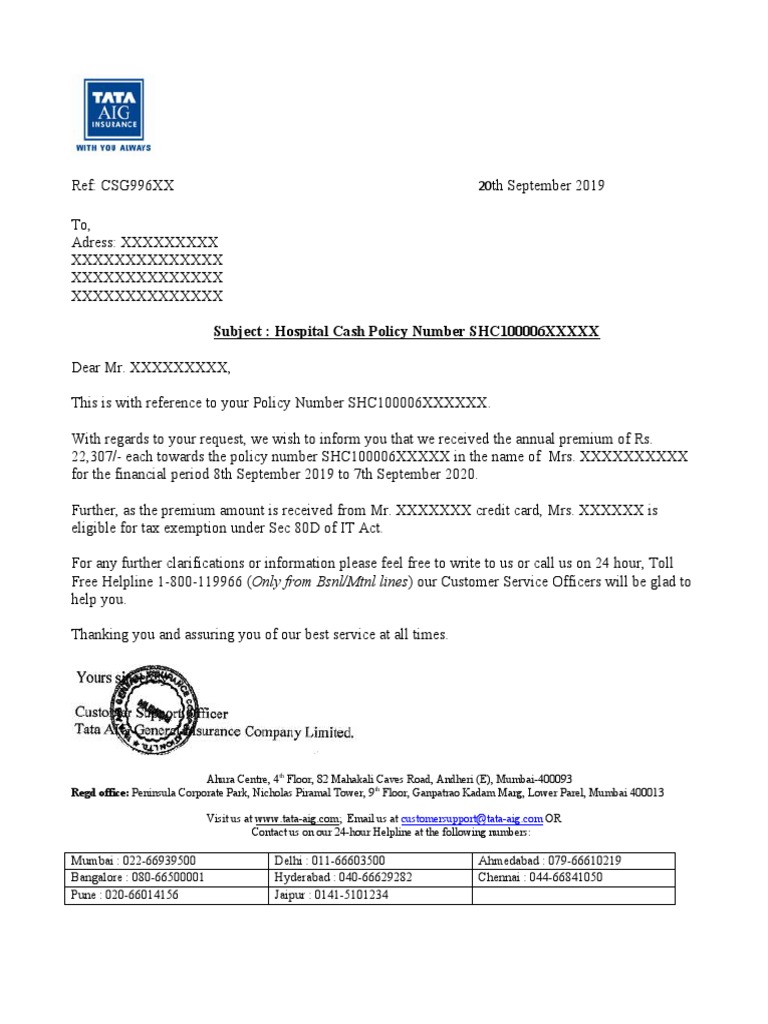 Tata AIG Hospital Cash Policy Details | PDF