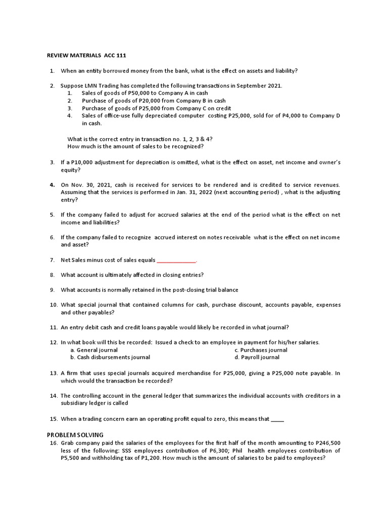 ACC 111 Review Materials For Final Exam COPY To Students | PDF | Debits ...