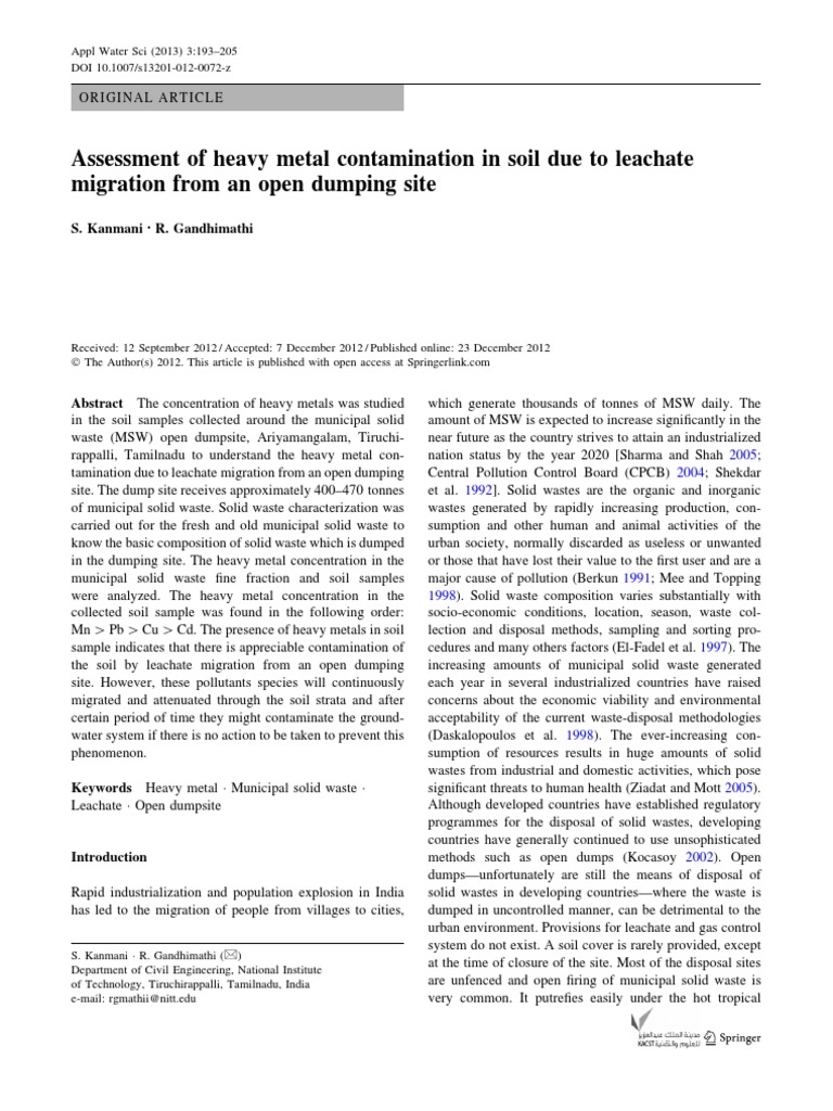 Assessment of Heavy Metal Contamination in Soil Due To Leachate Migration From An Open Dumping ...