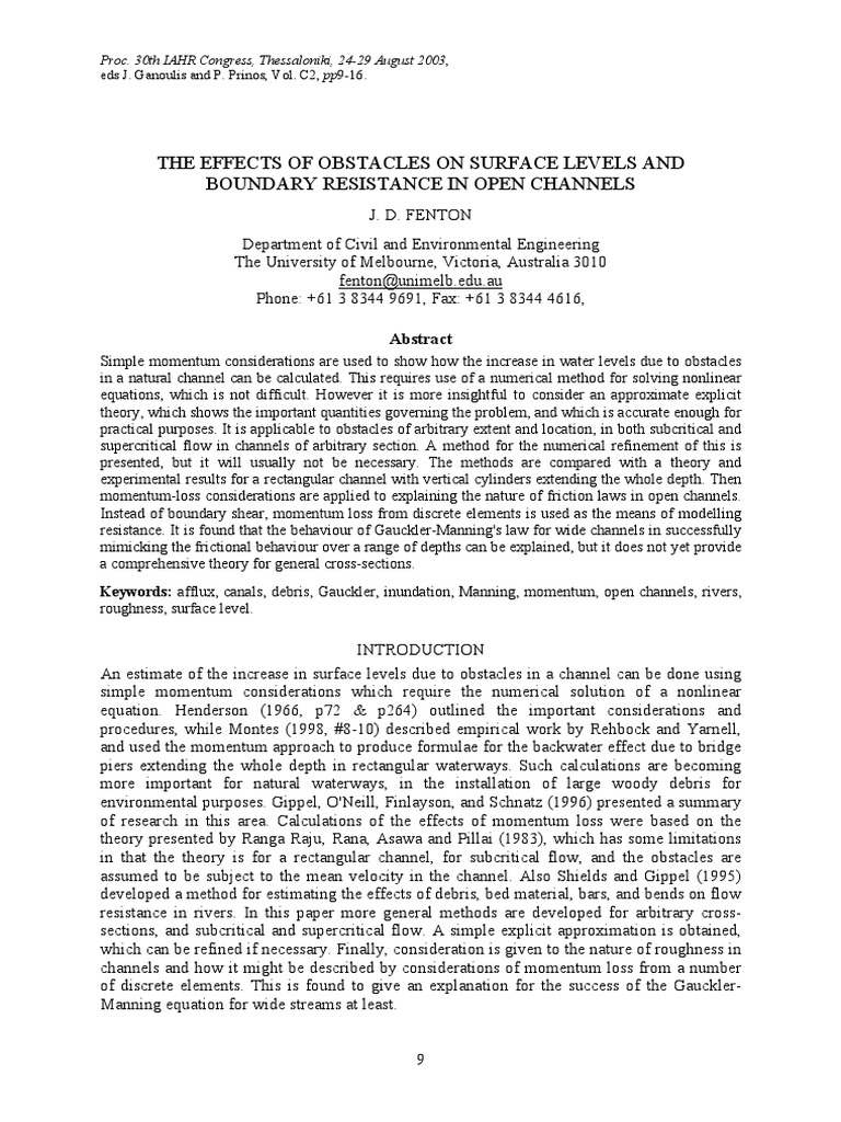 Afflux - THE EFFECTS OF OBSTACLES ON SURFACE LEVELS | PDF | Drag (Physics) | Momentum