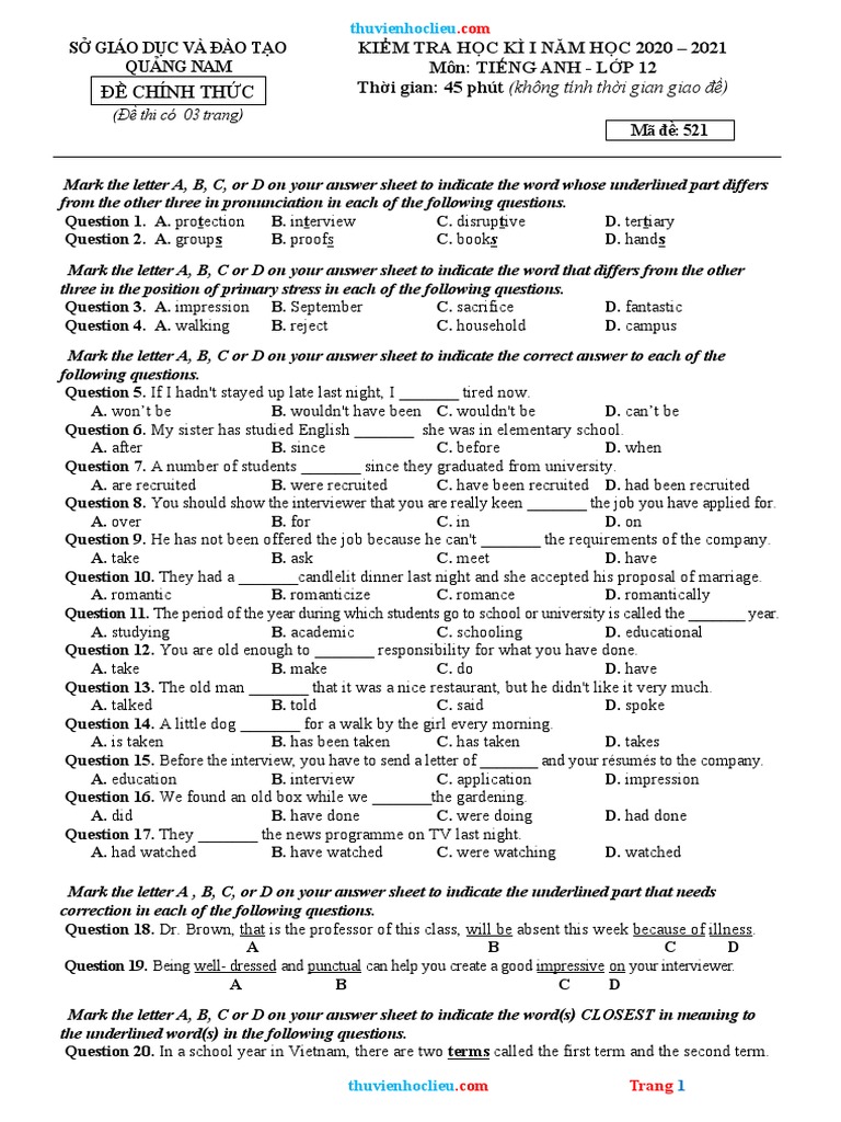 De Thi HK1 Tieng Anh 12 Quang Nam 20 21 | PDF | Unemployment | Workforce