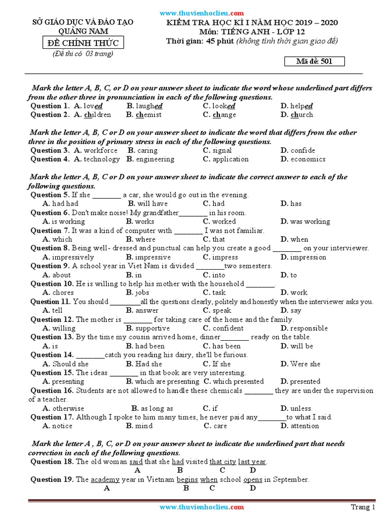 De Thi HK1 Tieng Anh 12 Quang Nam 2019 2020 | PDF | University | Undergraduate Education