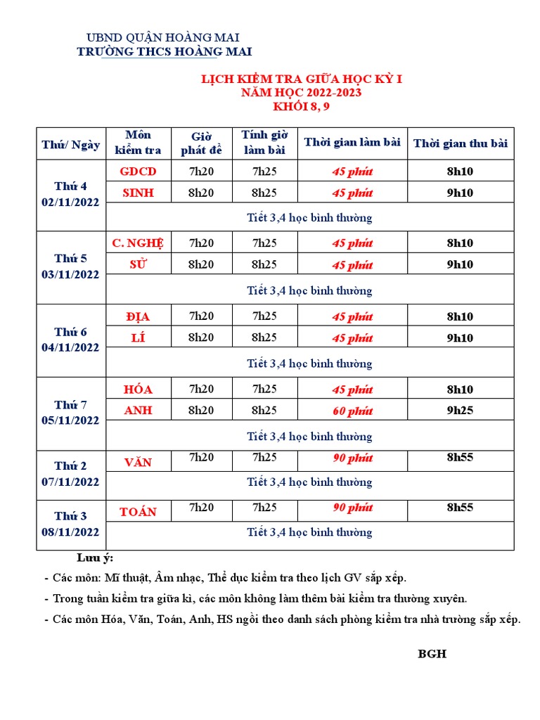 Lich Kiem Tra Giua Ki 1 K8,9 | PDF