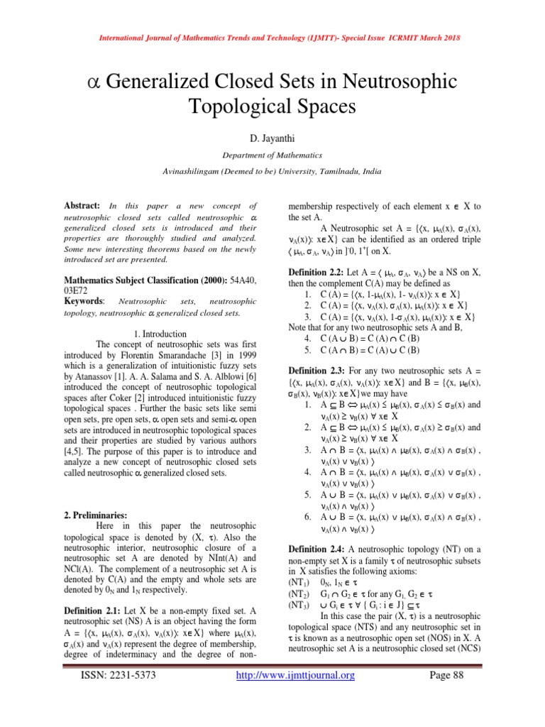 Alfa Generalized Closed Sets in Neutrosophic Topological Spaces | PDF | Logic | Mathematics