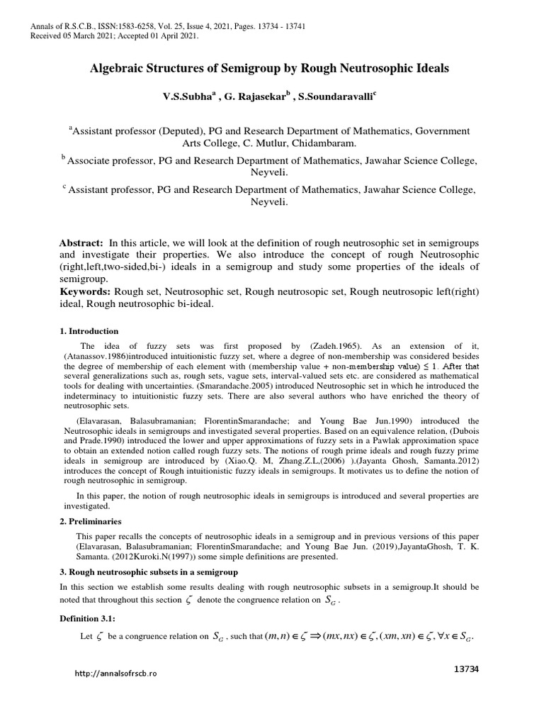 Algebraic Structures of Semigroup by Rough Neutrosophic Ideals | Download Free PDF | Logic ...