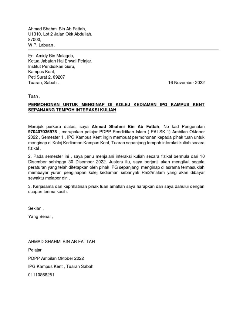 PERMOHONAN MENGINAP DI KOLEJ KEDIAMAN IPG KAMPUS KENT | PDF