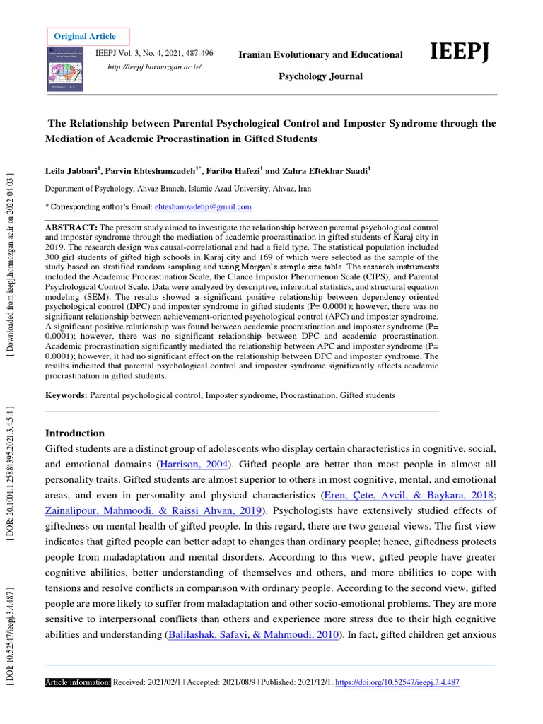 The Relationship Between Parental Psychological Control and Imposter ...