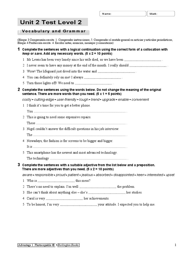 02advantage1 UT2 Test Level2 | PDF | Language Mechanics | Languages
