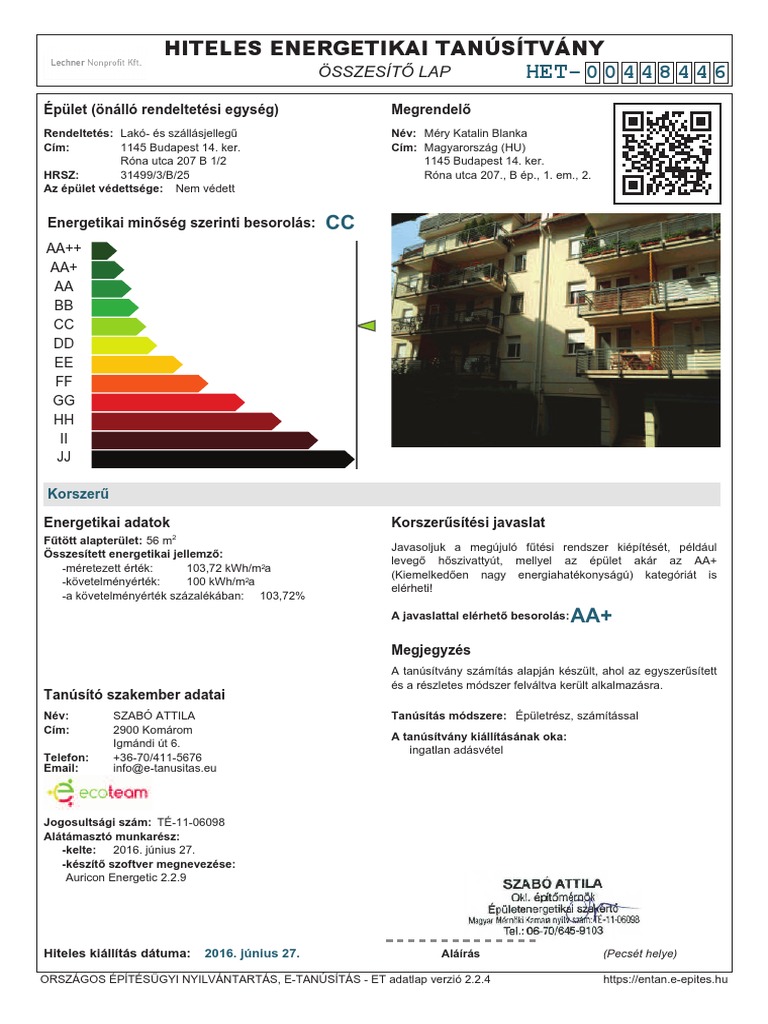 ET - 00448446 Energetikai Tanúsítávány Róna 207-B 1em 2. | PDF