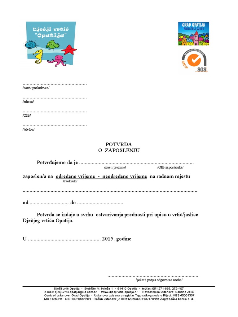 Potvrda o Zaposlenju | PDF