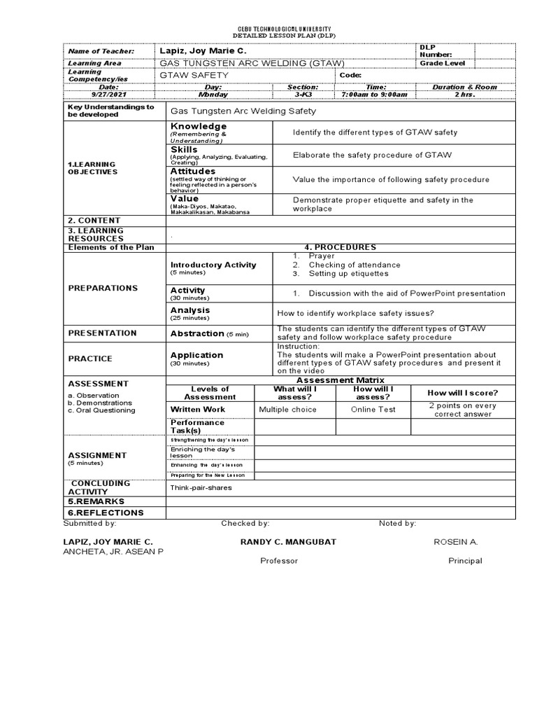 Lesson Plan GTAW SAFETY | PDF | Lesson Plan | Learning