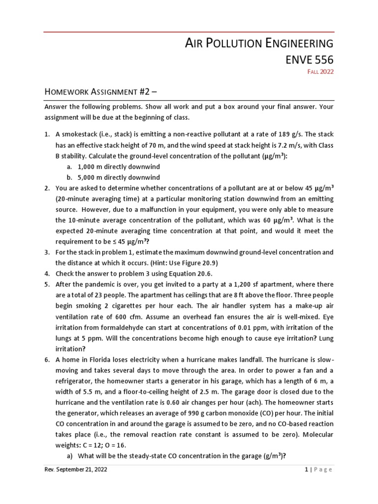 ENVE556 F22 Homework 2 Assignment | PDF | Ventilation (Architecture) | Chemistry