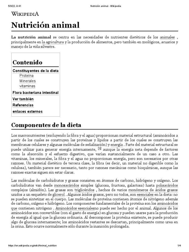 Nutrición Animal - Wikipedia | PDF | Nutrientes | Proteínas