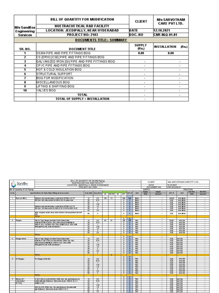 Piping & Mechanical BOQ - R1 | PDF | Pipe (Fluid Conveyance) | Mechanical Engineering