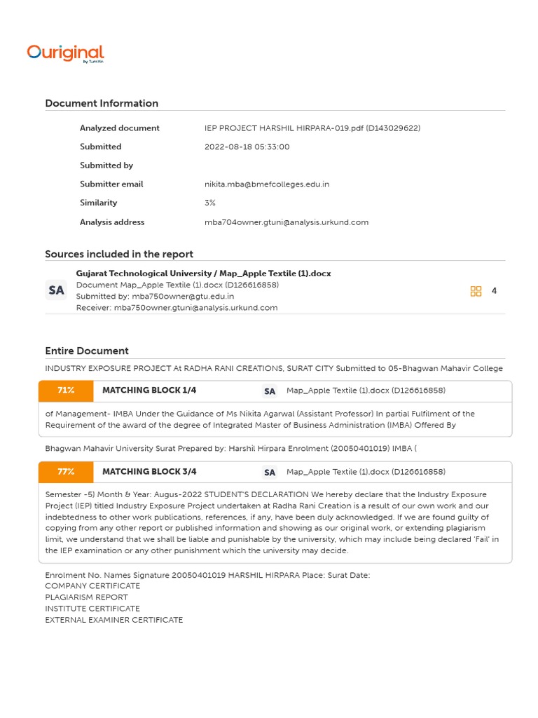 Ouriginal Report - IEP PROJECT HARSHIL HIRPARA-019.pdf (D143029622) | PDF | Dyeing | Loom