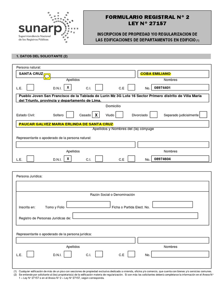 Formulario Registral #2 LEY #27157 | PDF | Ley común | Derecho Civil (Common Law)