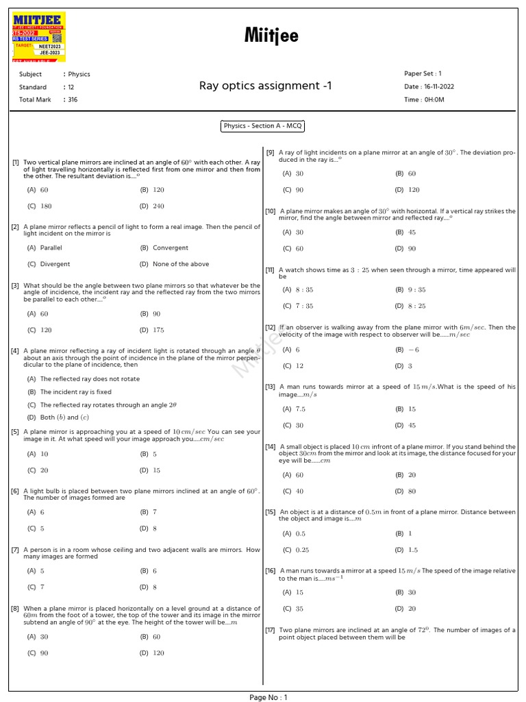 Ray Optics Assignment - 1 1668611679 | PDF | Mirror | Optics