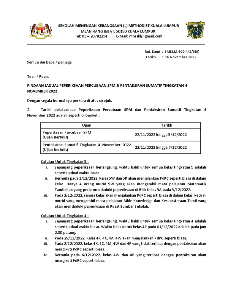 Surat Pindaan Tarikh Percubaan SPM & Sumatif T4 | PDF