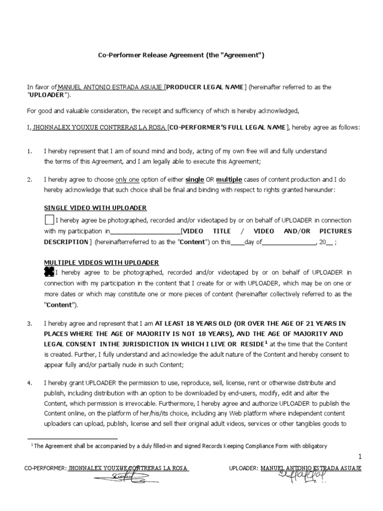 FH Co Performer Release Agreement | PDF | Indemnity | License