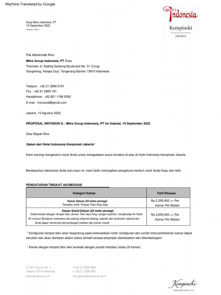 Hotel Indonesia Kempinski Jakarta - Proposal Letter For Group Mitra Indonesia On September 16th ...