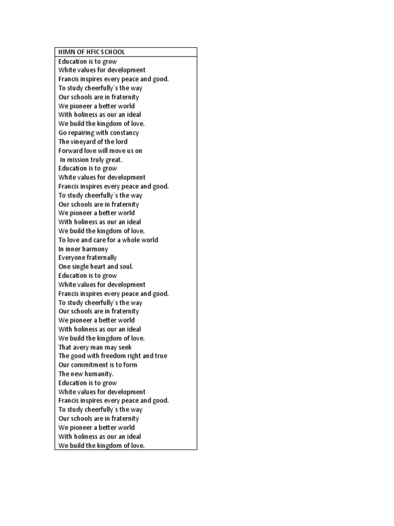 HFIC School Hymn - Education, Values, Francis, Peace | PDF
