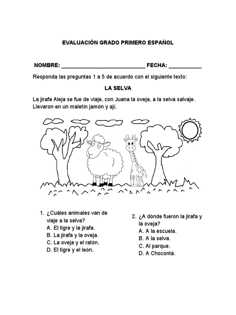 Evaluación Grado Primero Español | PDF