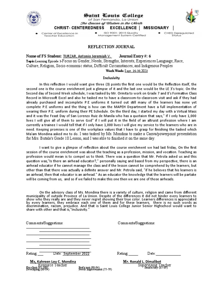 Reflection #6-Journal-Template | PDF | Behavior Modification | Learning