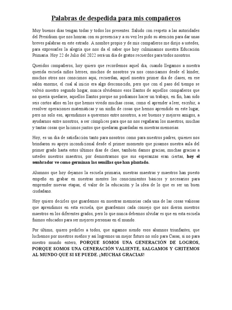 Palabras de Despedida para Mis Compañeros | PDF | Educación primaria | Educación de la primera ...