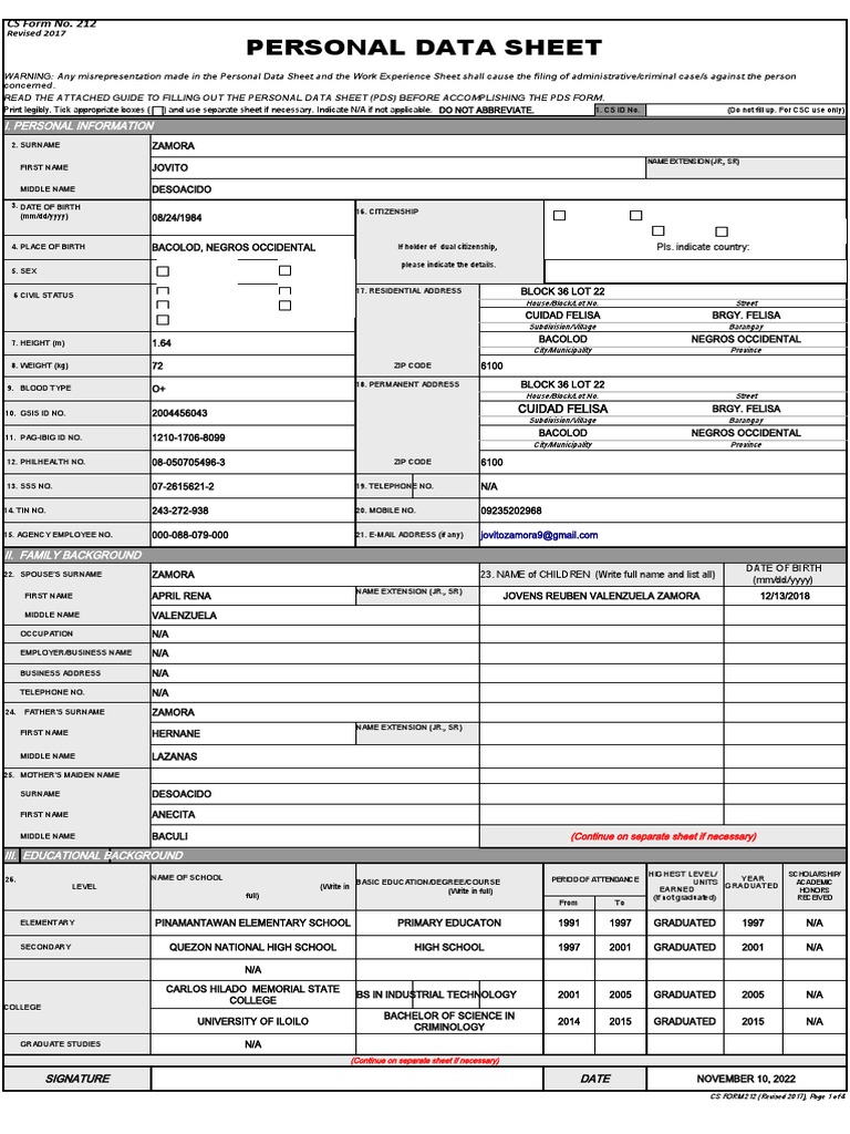 PLT Zamora CSC PDS | PDF | Government