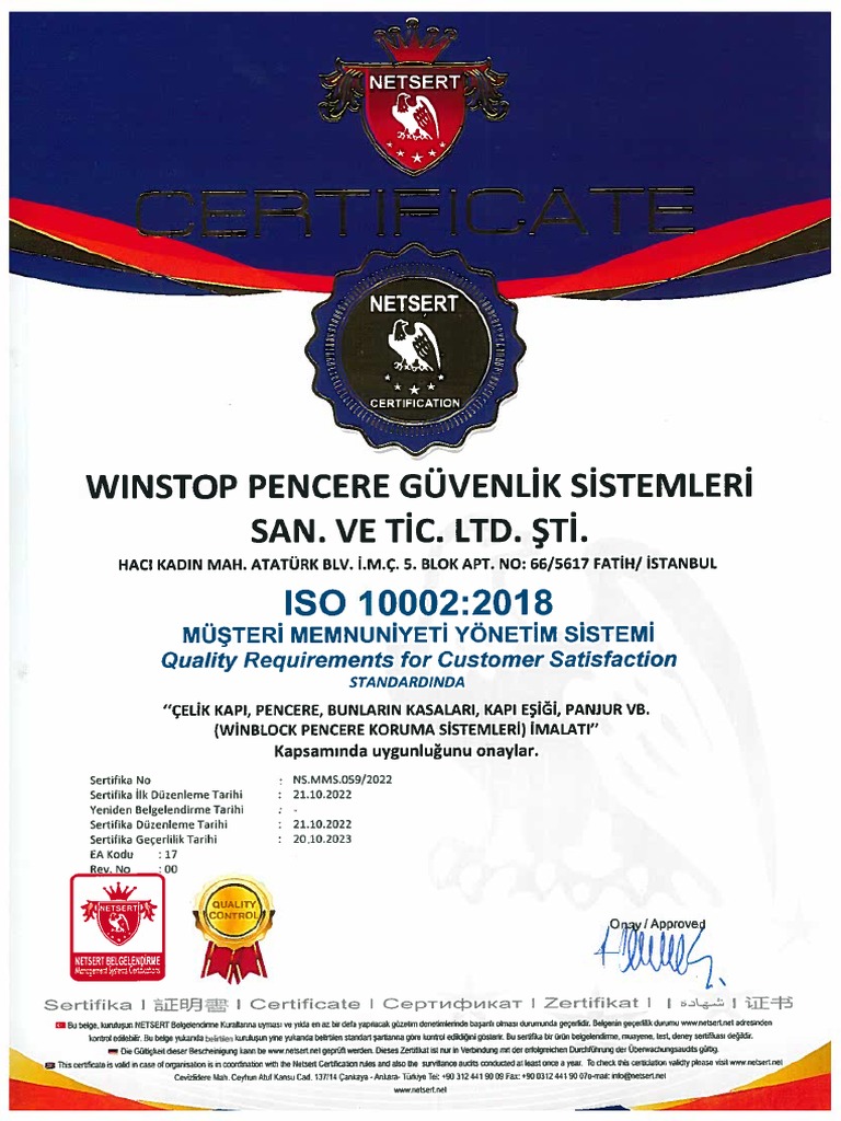 ISO 10002 2018 Certificate - Winblock | PDF