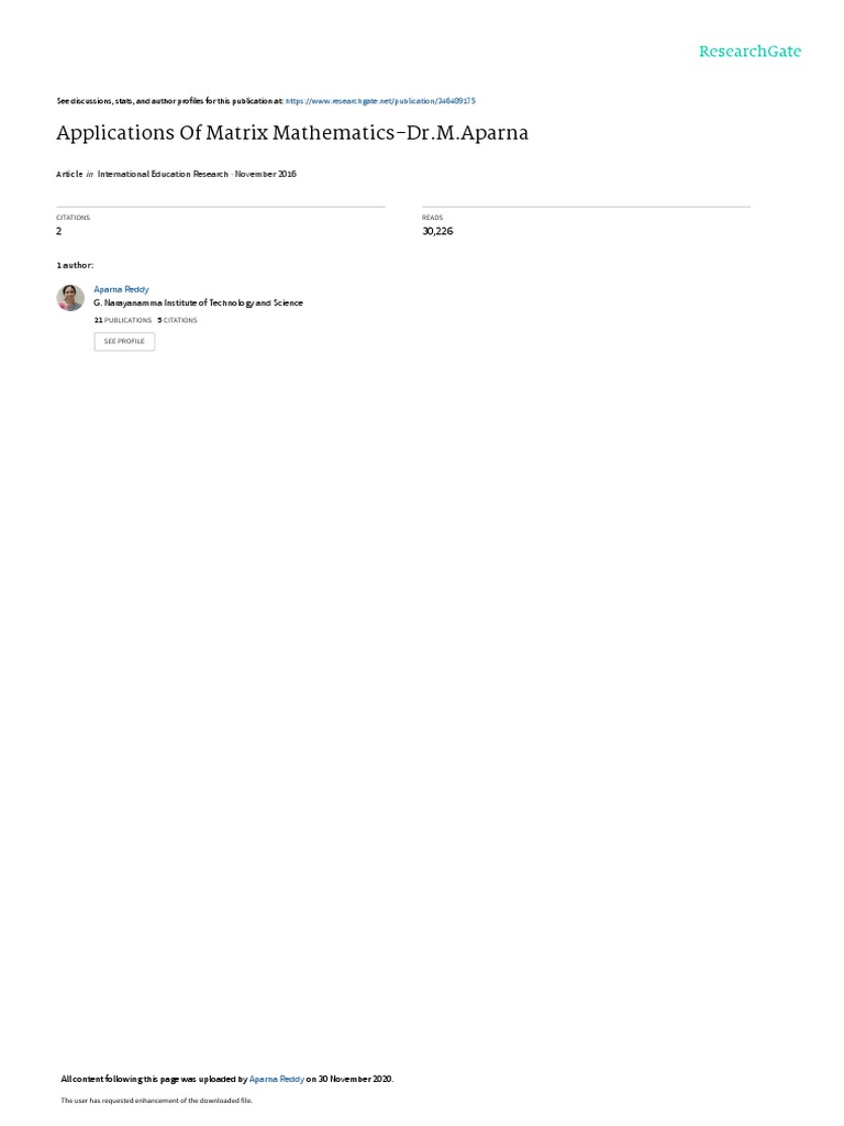 ApplicationsOfMatrixMathematics Dr.M.aparna | PDF | Matrix (Mathematics ...