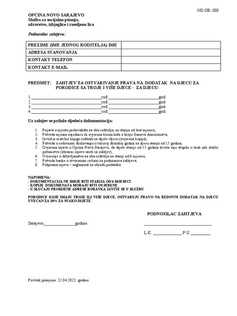 NS-OB-300 Zahtjev Za Ostvarivanje Prava Na Dodatak Na Djecu Za Porodice Sa Troje Ili Više Djece ...