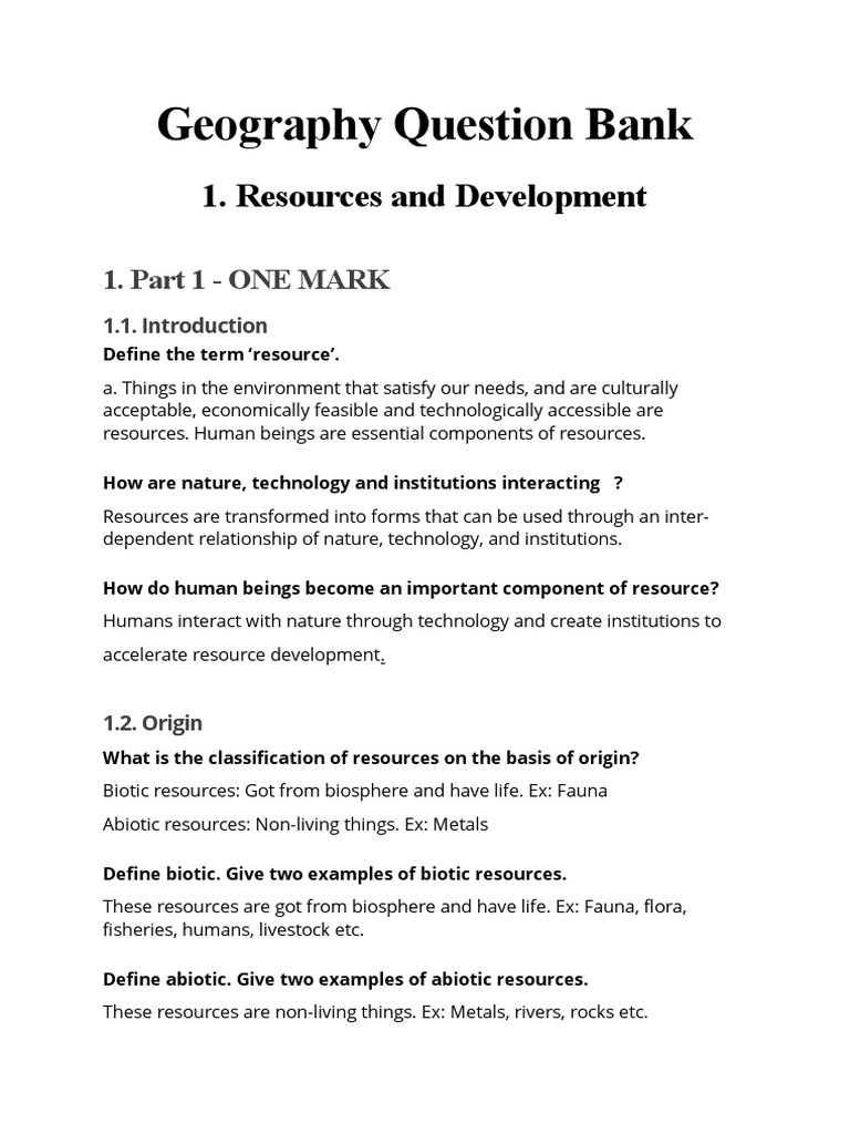 Geography Question Bank on Resources | PDF | Sustainability | Resource
