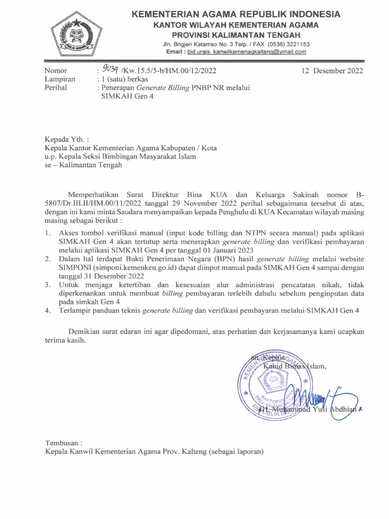 Penerapan Generate Billing PNBP NR Melalui SIMKAH Gen 4 | PDF