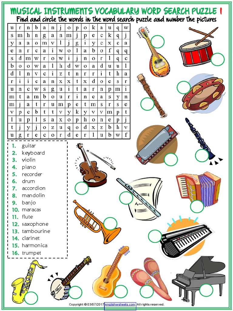 Musical Instruments Vocabulary Esl Word Search Puzzle Worksheets For ...
