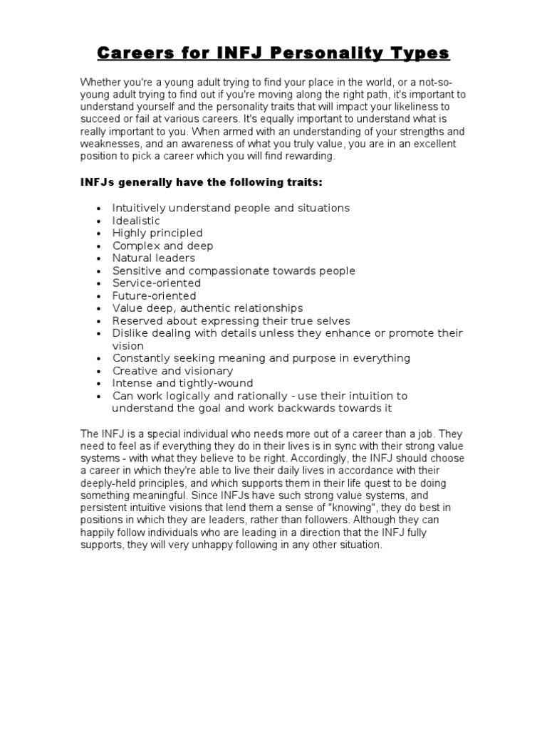 Careers For INFJ Personality Types | PDF | School Counselor ...