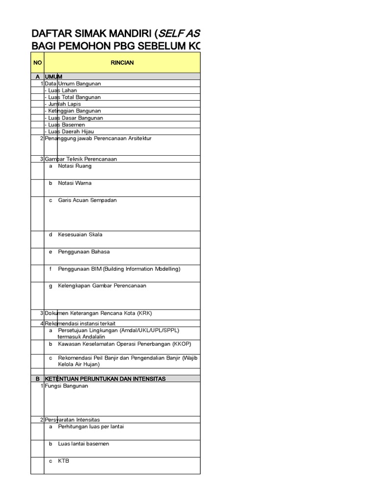 Daftar Simak Self Assessment Pemohon PBG - Pra Konsultasi TPA | PDF