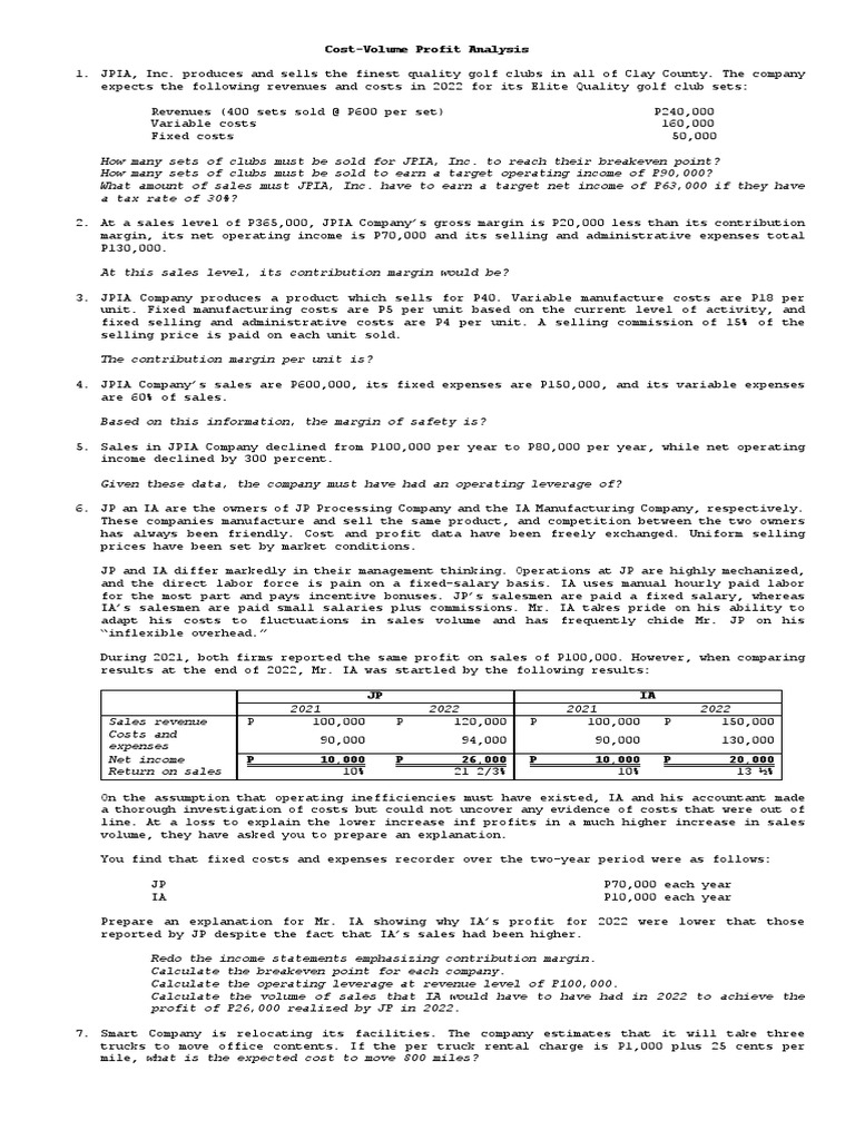 CVP Analysis Quiz and Exam Questions | PDF | Market (Economics) | Income Statement