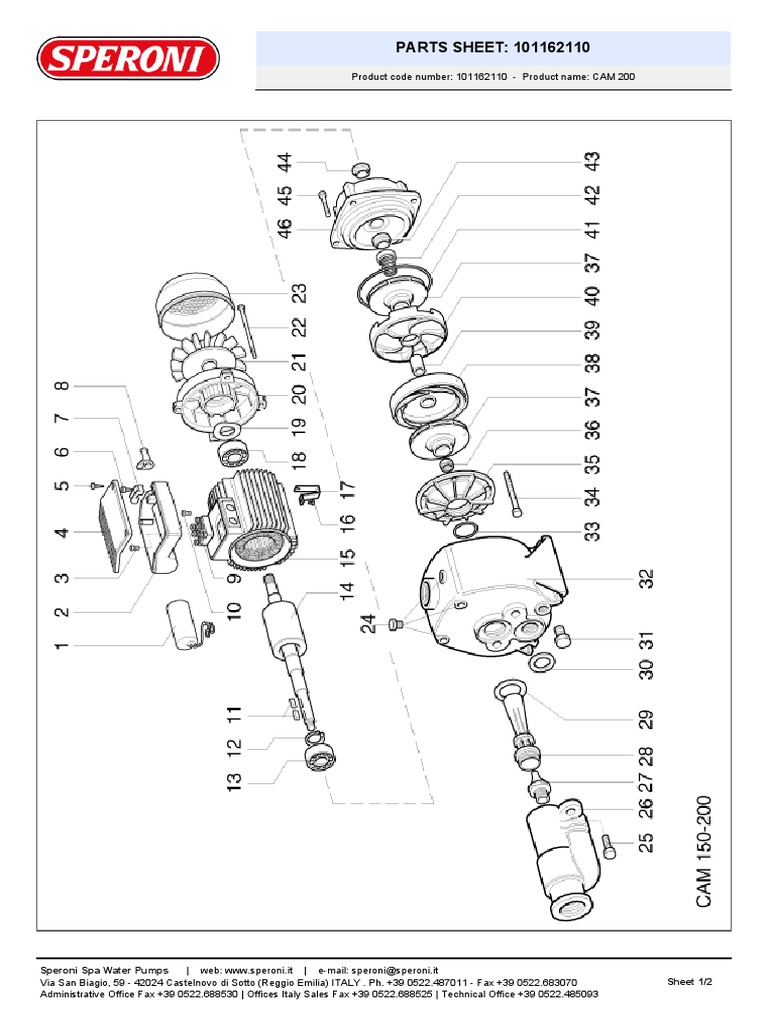 Parts List and Specifications for Speroni Spa Water Pump Model CAM 200 ...