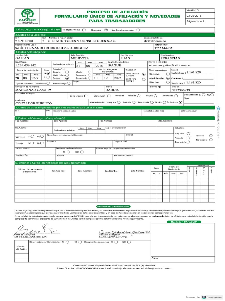 Formulario Afiliacion de Trabajador | PDF