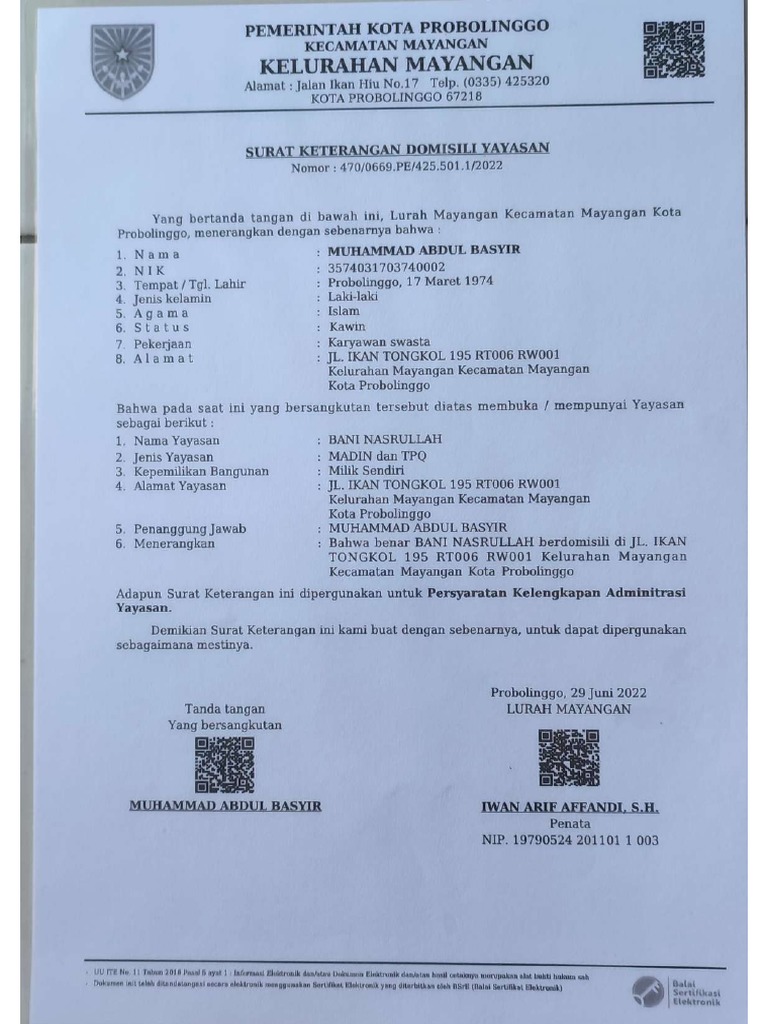 Surat Keterangan Domisili Lembaga Dari Kelurahan | PDF