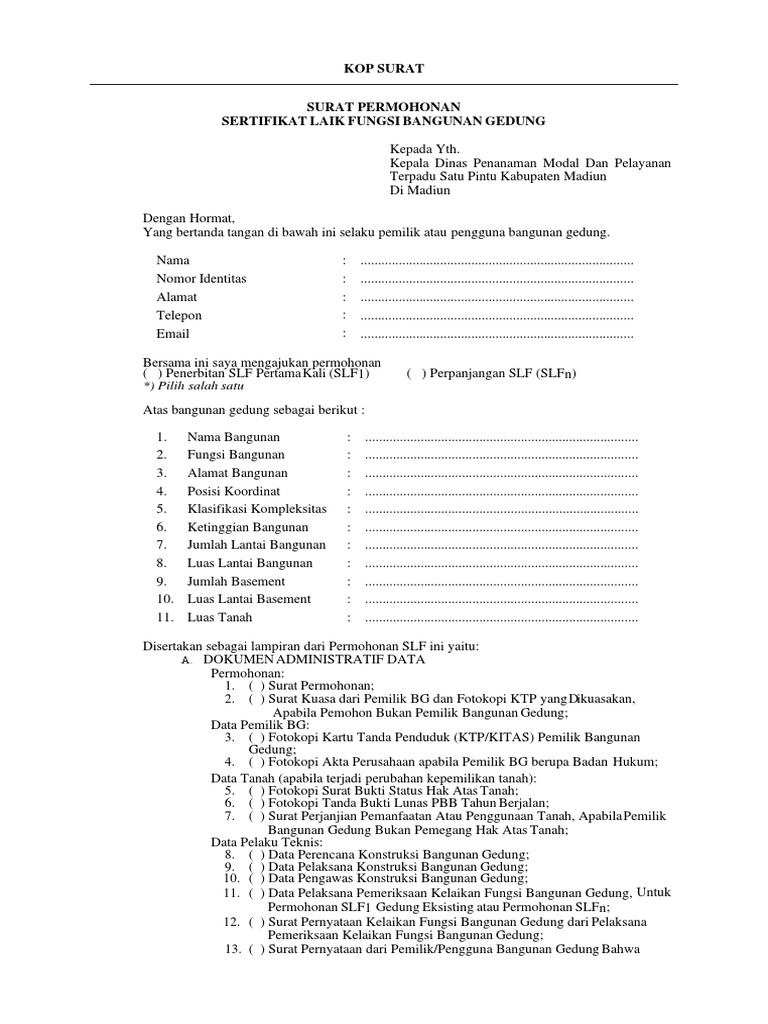 Permohonan SLF Sertifikat Laik Fungsi | PDF