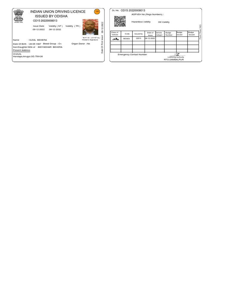 An Odisha Driving Licence Issued to Sunil Behera on December 9th, 2022 ...