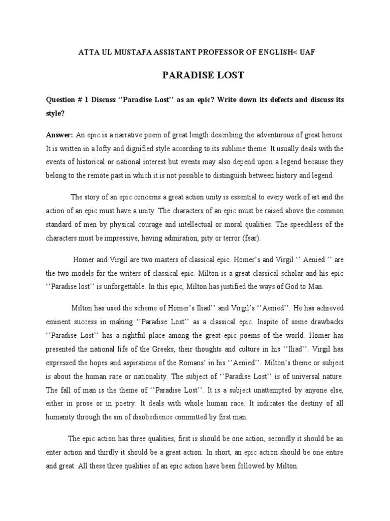 Paradise Lost Epic Analysis | PDF | Paradise Lost | Epic Poetry