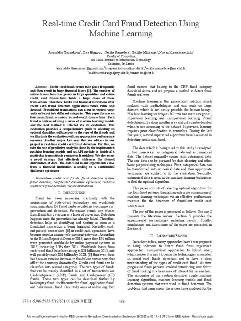 Real-Time Credit Card Fraud Detection Using Machine Learning | PDF | Machine Learning ...