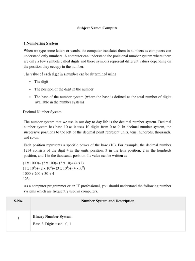 Uinit1 Numbersystem Pdf Byte Lexicology 