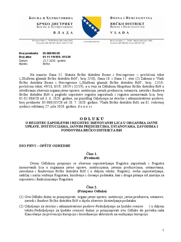 Odluku: Dio Prvi - Opšte Odredbe Član 1. (Predmet) | PDF